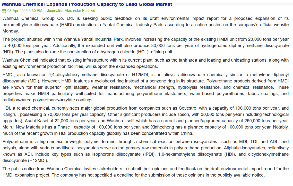 Wanhua HDI & H12MDI Expansion Slated - Everchem Specialty Chemicals